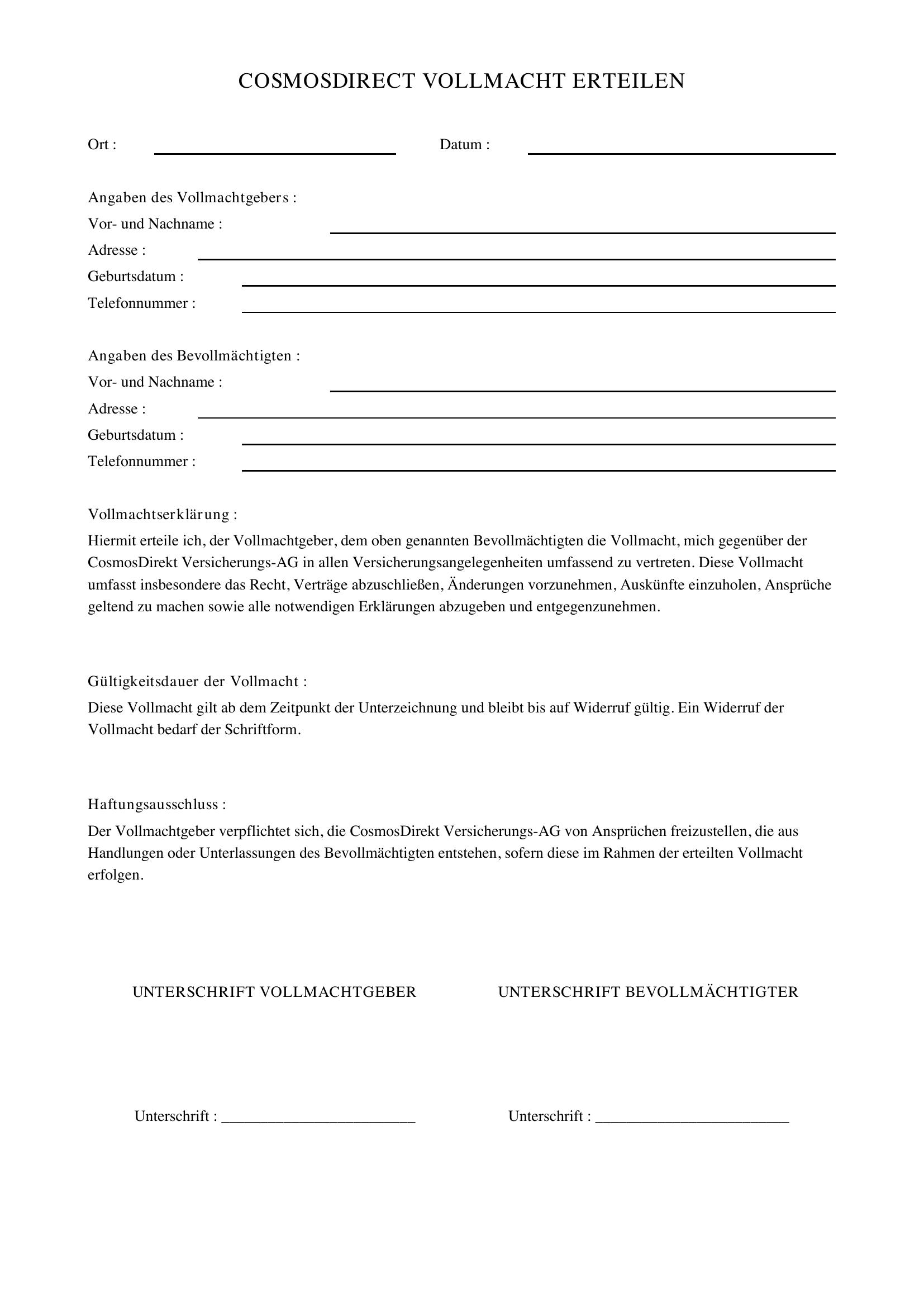 Cosmosdirekt Vollmacht Erteilen