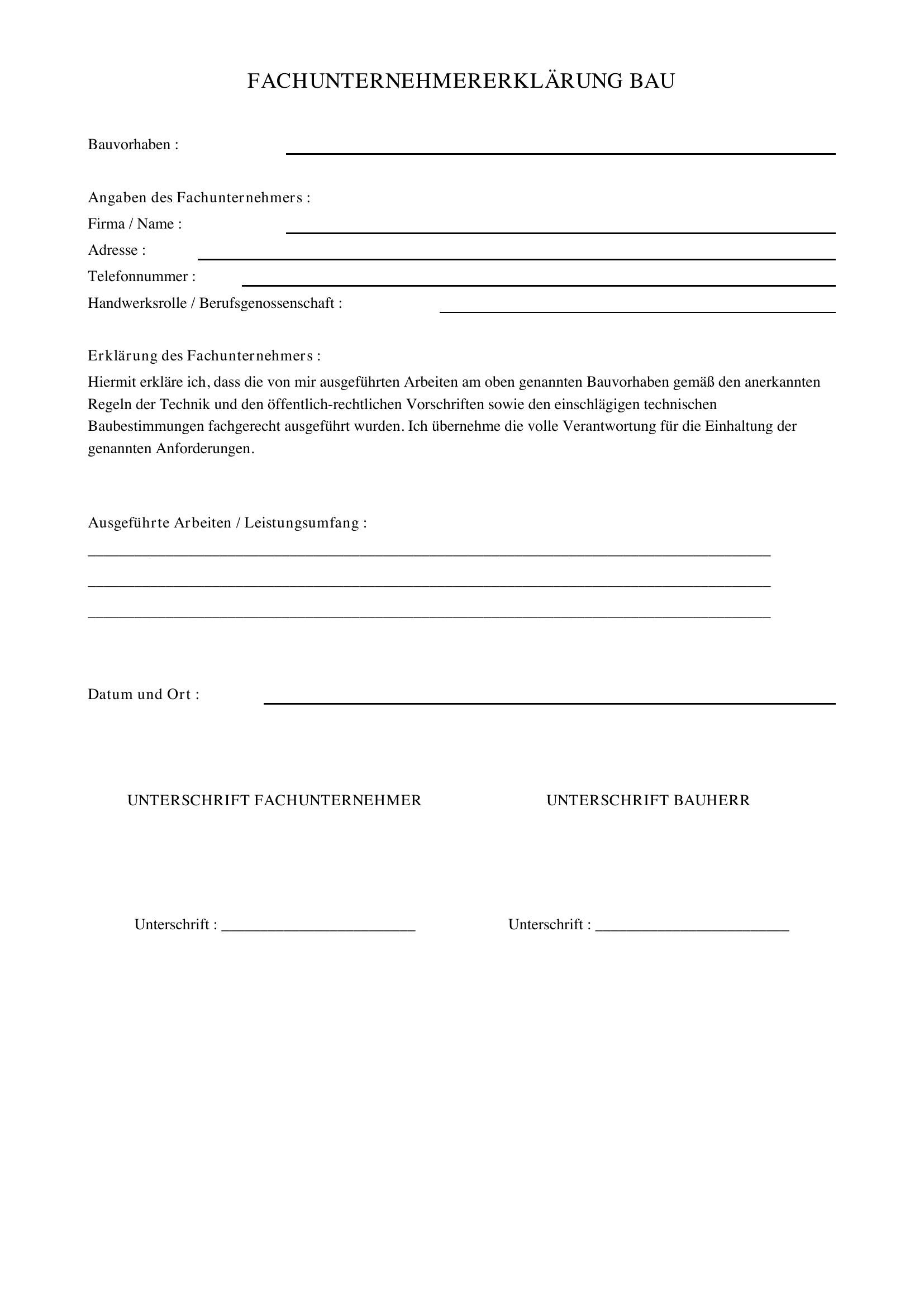 Fachunternehmererklarung Muster Pdf