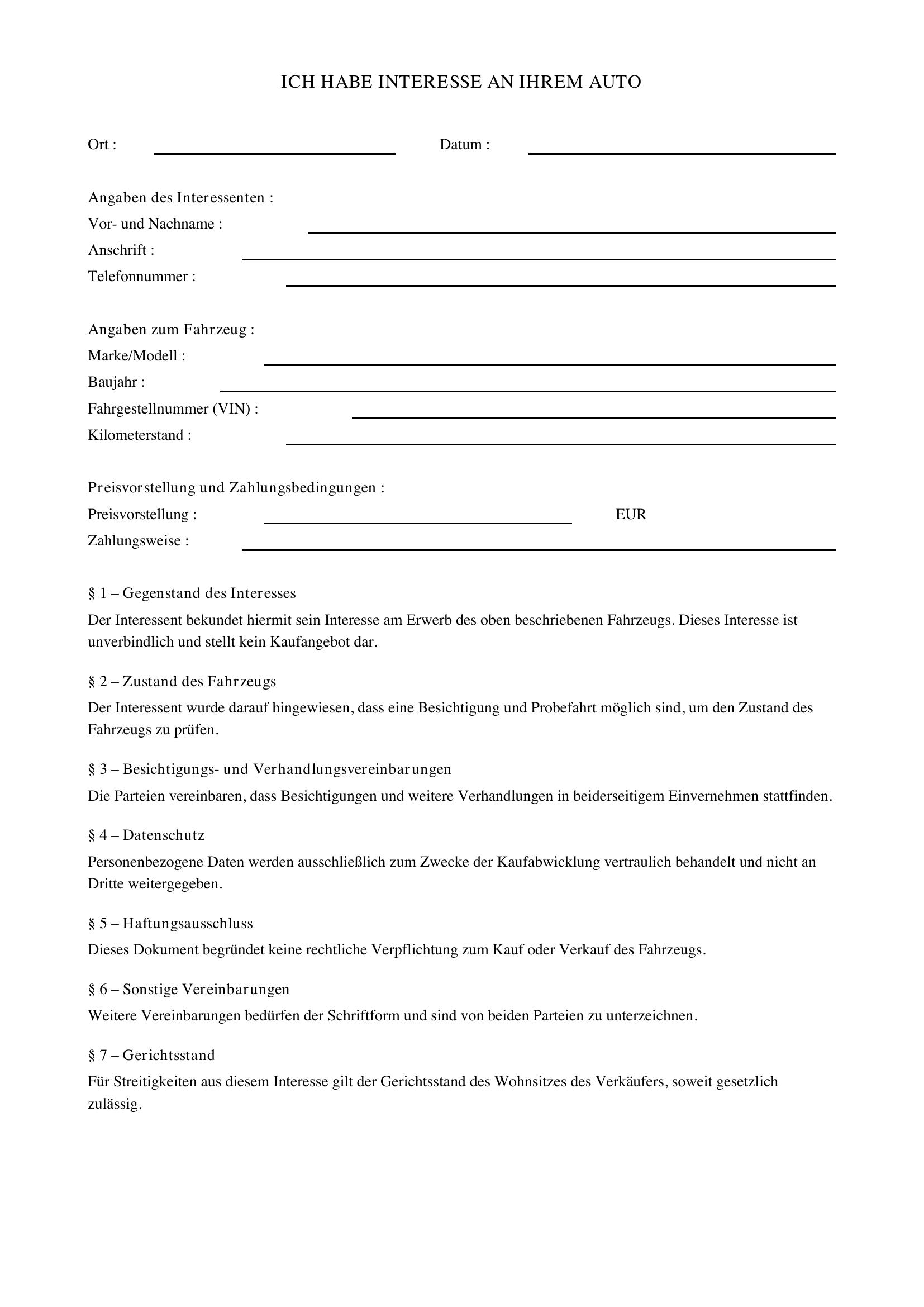 Ich Habe Interesse An Ihrem Auto